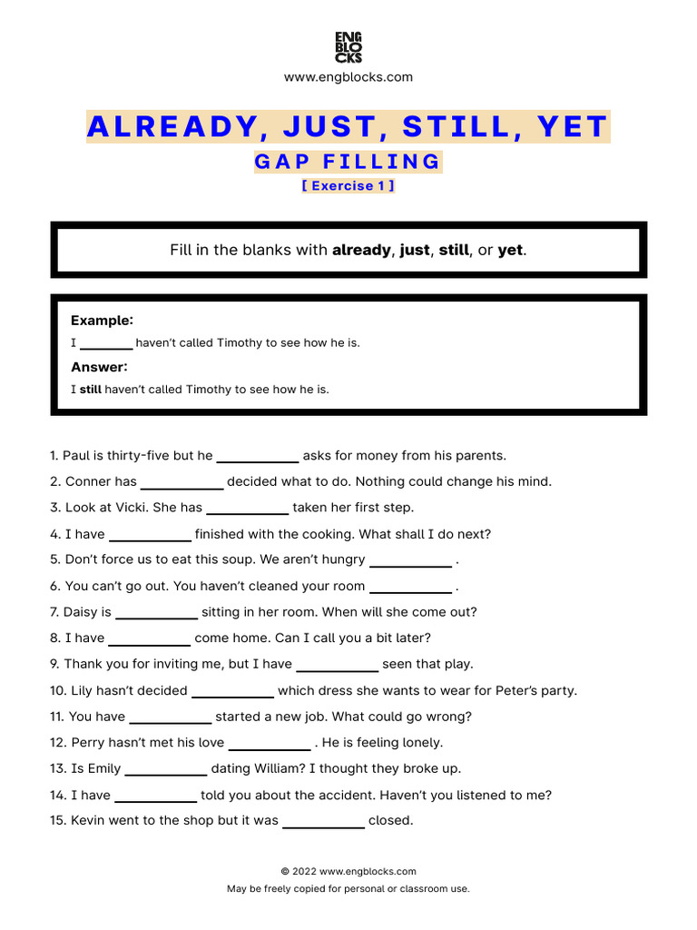 Already Just Still Yet Gap Filling Exercise 1 2 | PDF