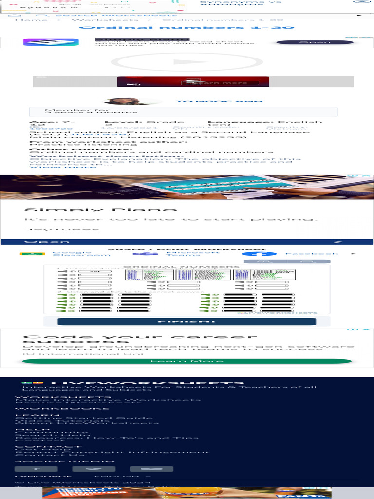 Ordinal Numbers 1-30 Worksheet Live Worksheets | PDF