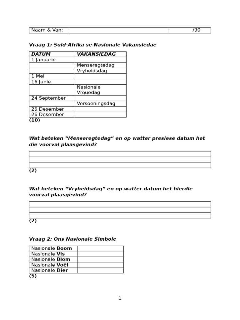 Vakansiedae Toets | PDF