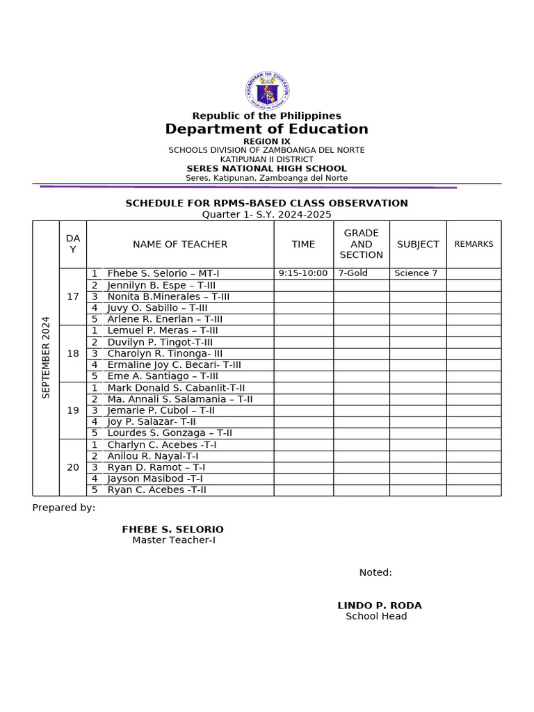 RPMS Class Observation Schedule 2024-2025 | PDF