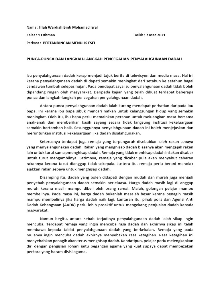 Esei Punca-Punca & Langkah-Langkah Pencegahan Penyalahgunaan Dadah | PDF