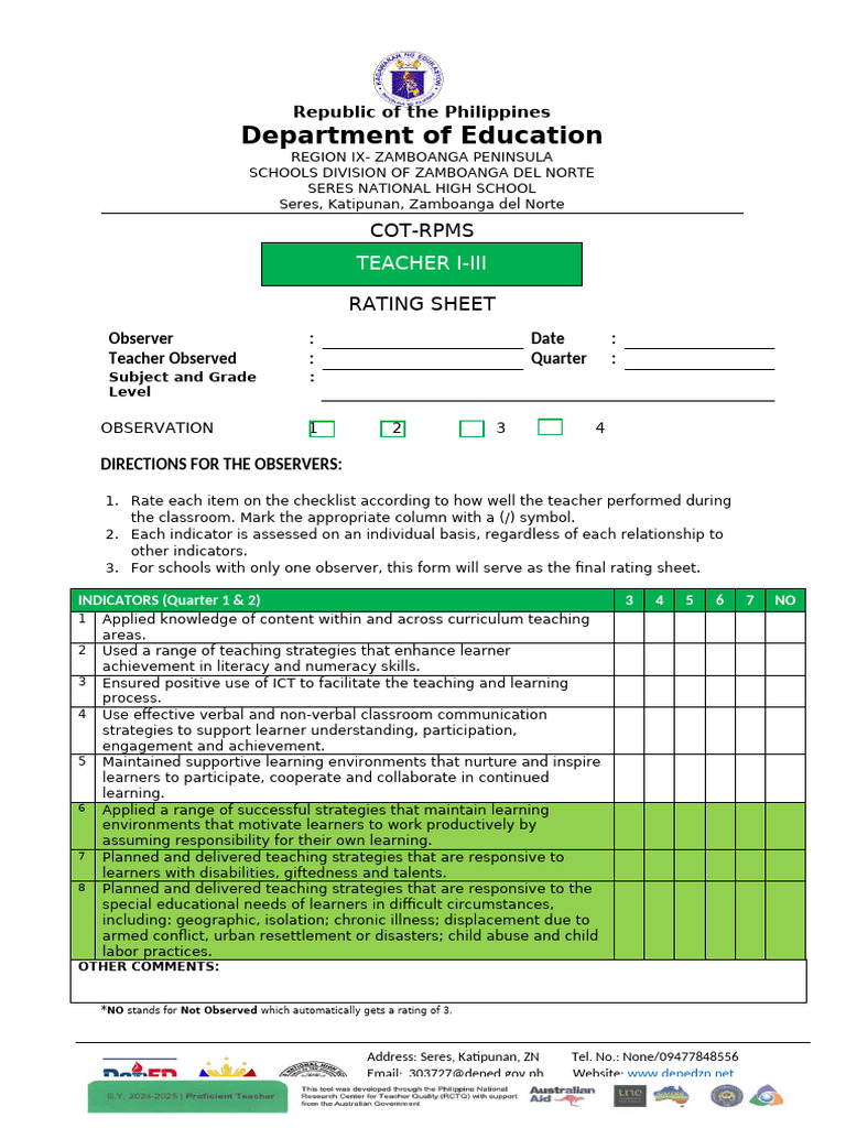 COT T-1-III Rating Sheet 2024-2025 | PDF | Teachers | Learning