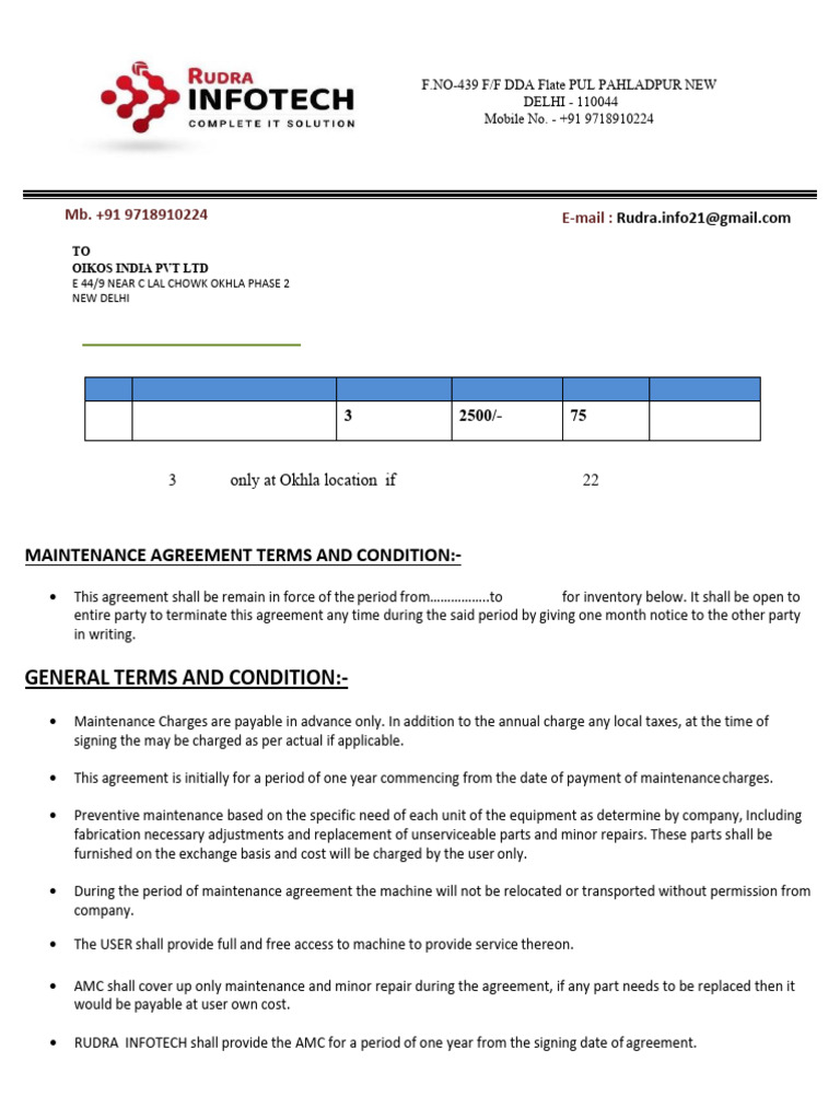 Amc Quotation@Oikos India PVT LTD | PDF