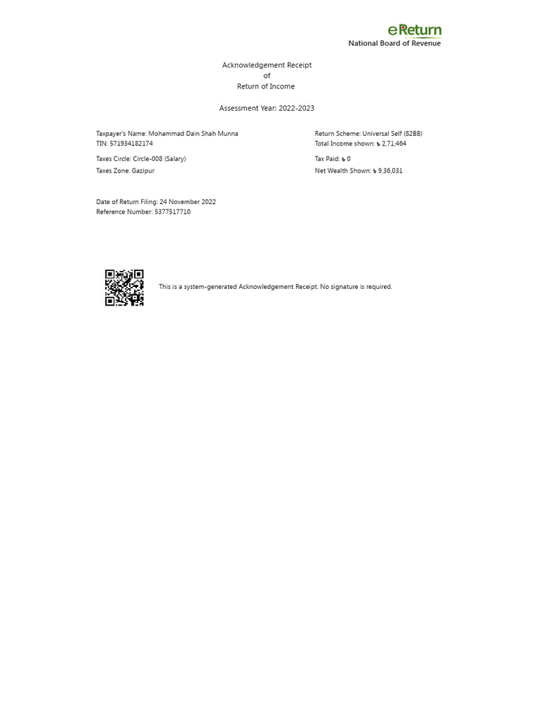 Acknowledgement-571934182174 Munna EReturn 2021-2022 | PDF