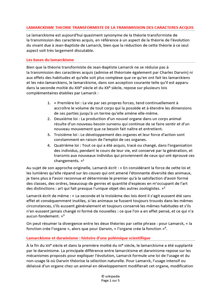 LAMARCKISME THEORIE TRANSFORMISTE DE LA TRANSMISSION DES CARACTERES ...
