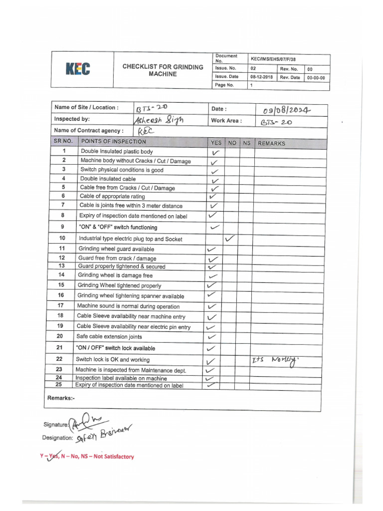 Grinding Machine Checklist | PDF