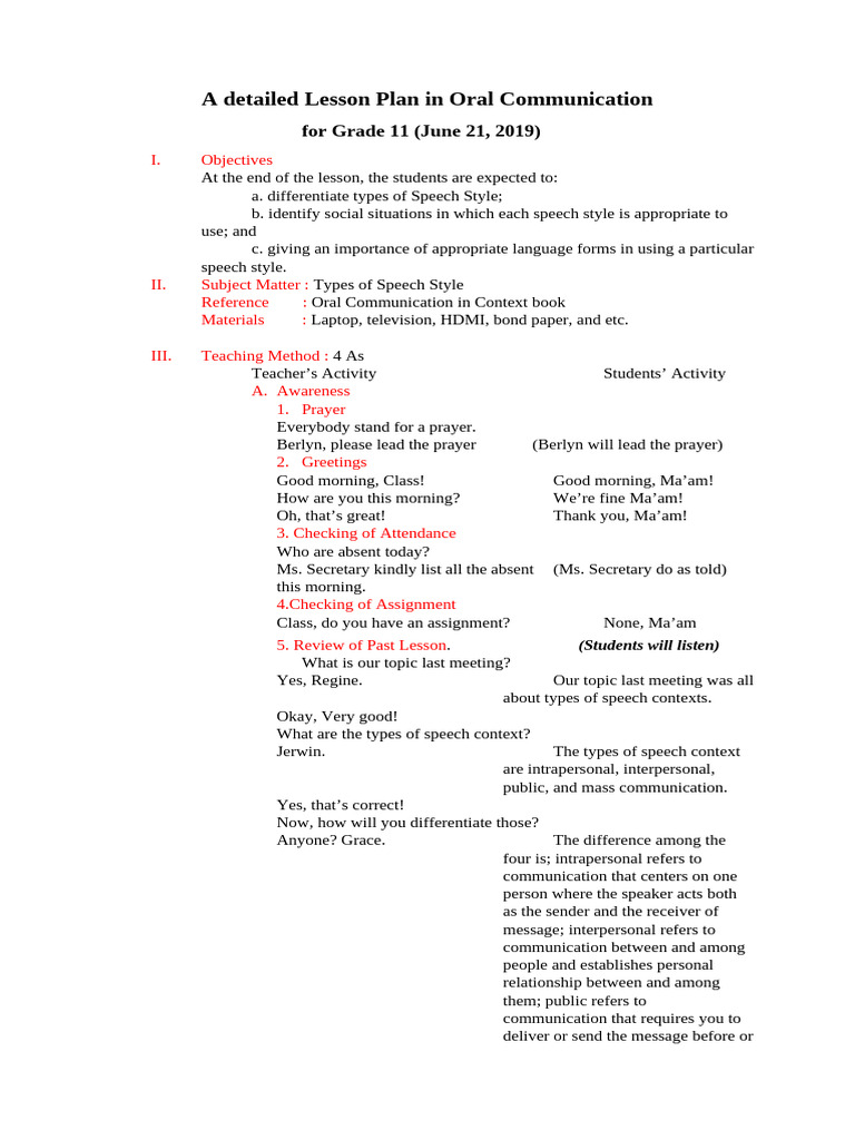 A detailed lesson plan Oral communication in Context SESSION 2 | PDF