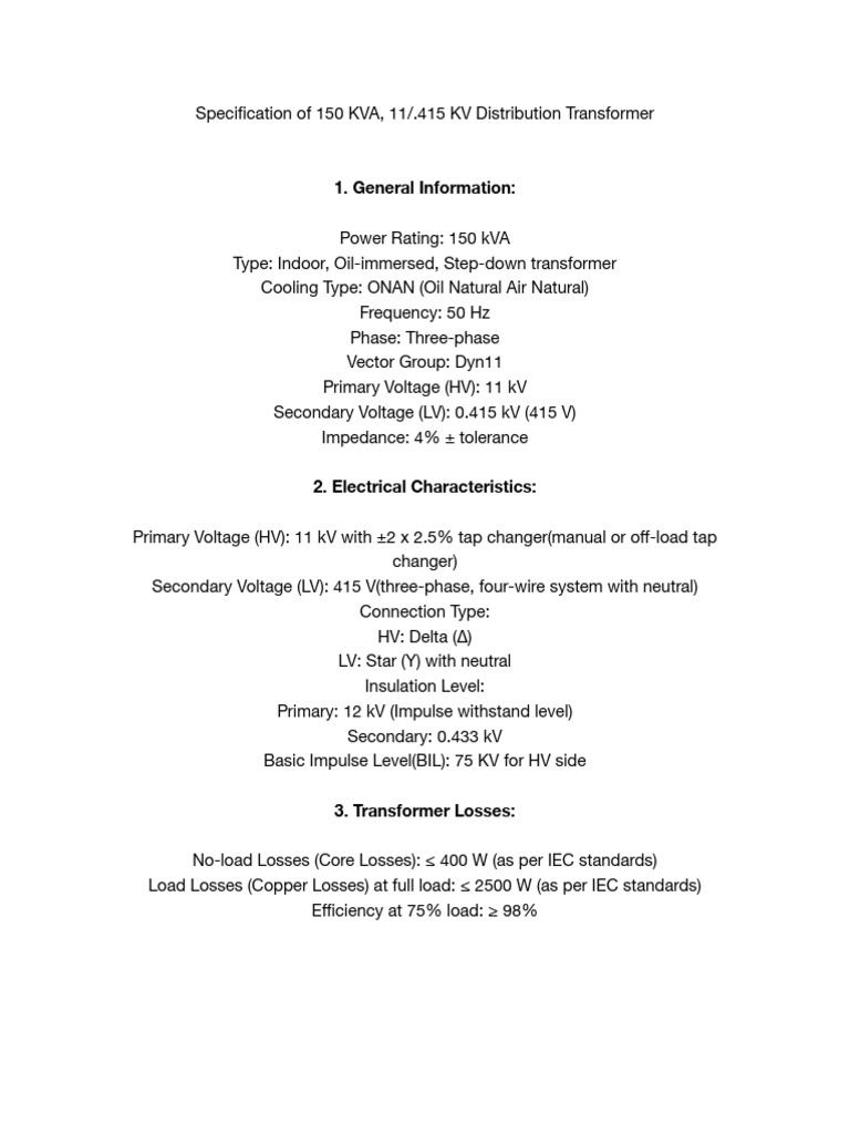 Specification Of 150 Kva Transformer Pdf Transformer Technology And Engineering