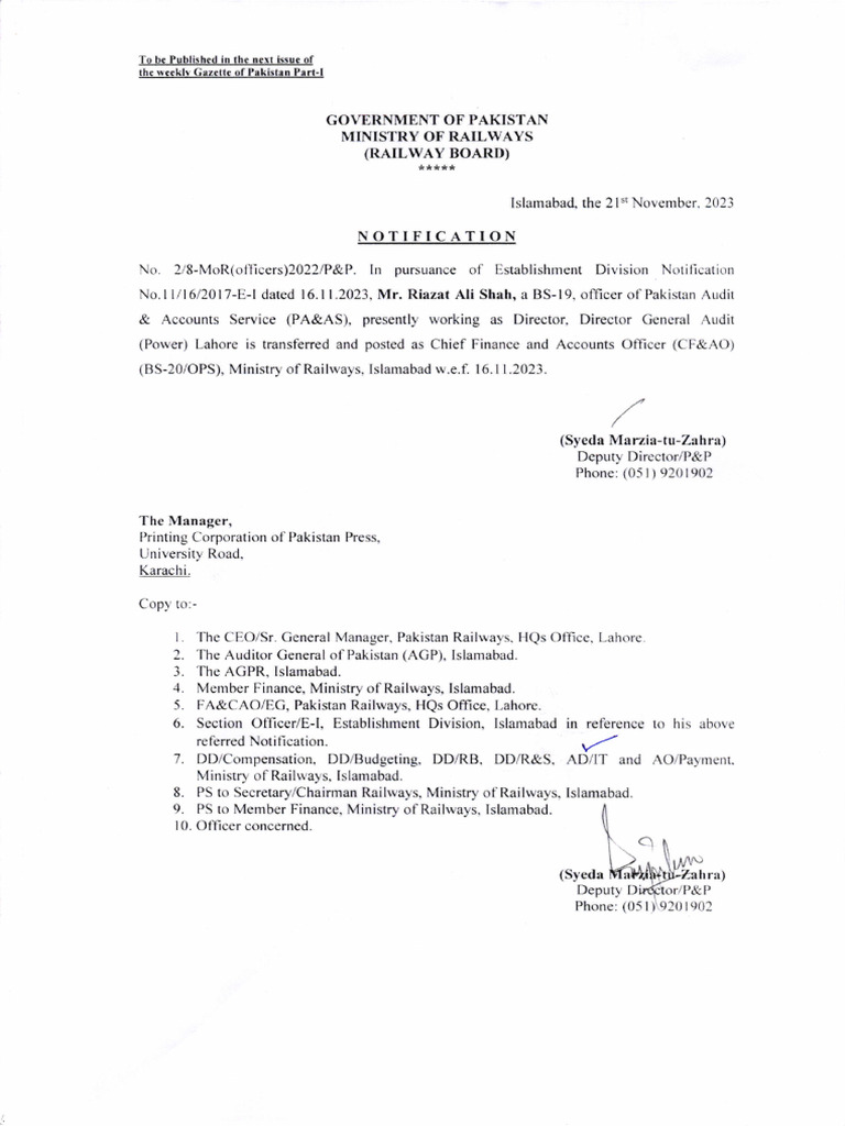 Riazat Ali Shah BS-20 Notification | PDF