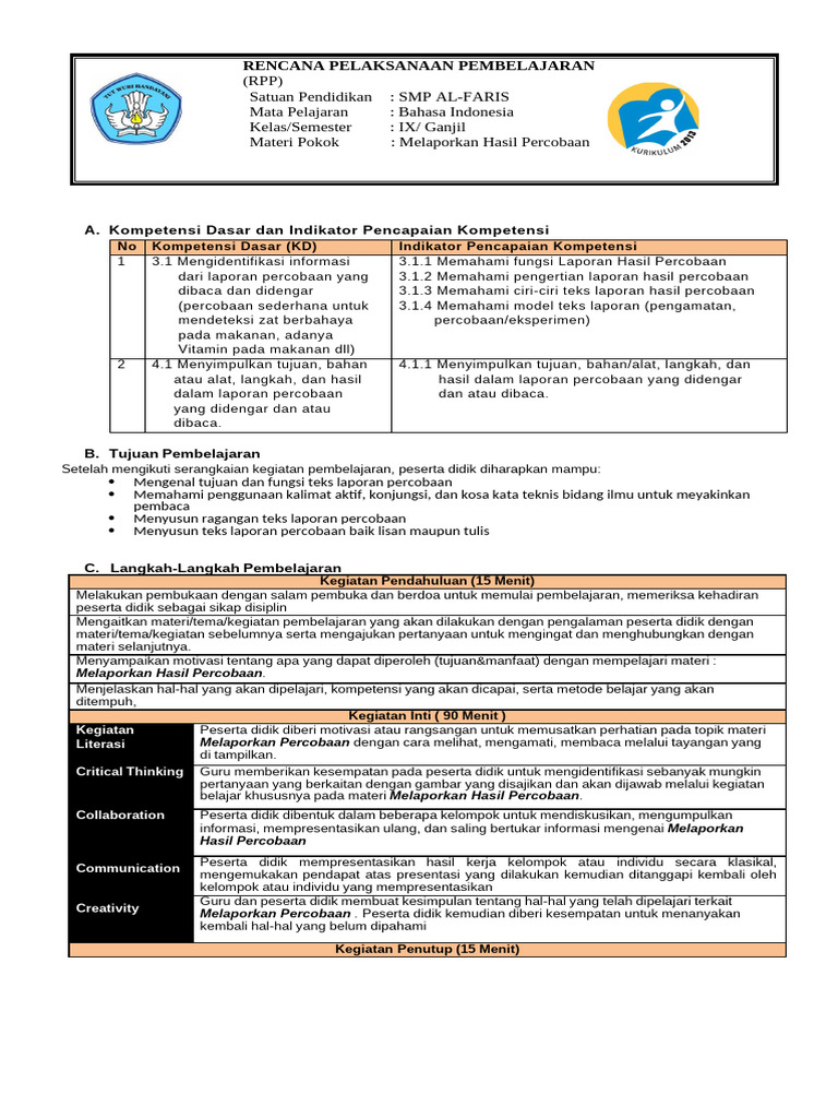 1 - RPP - 1 - Lembar - Bahasa - Indonesia - Kls.9 - Sem.1 - Melaporkan Hasil Percobaan Rev | PDF