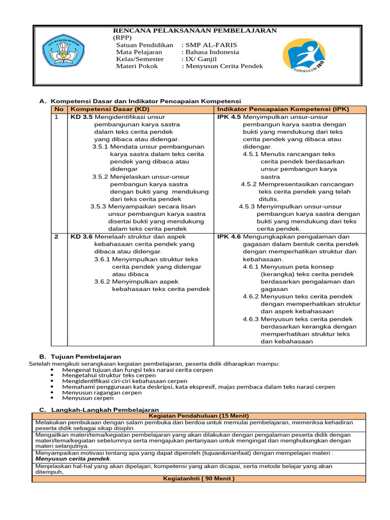 3 RPP 1 Lembar Bahasa Indonesia Kls.9 Sem.1 - Menyusun Cerita Pendek Rev | PDF