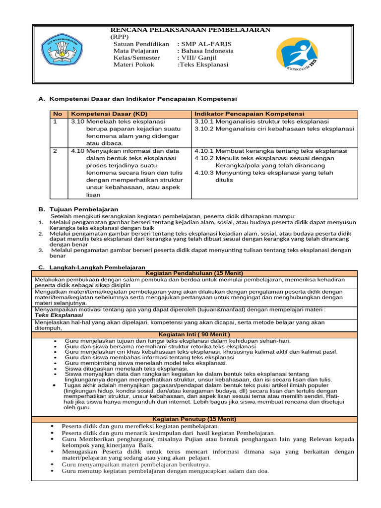 3 - RPP - 1 - Lembar - Bhs. - Indo - Kelas - 8 - Sem.1 - Teks Eksplanasi | PDF