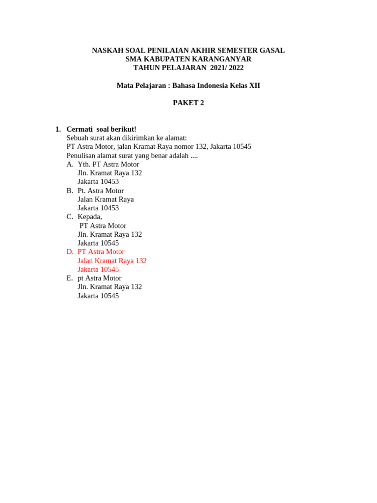 Soal PAS Bindo Kelas XII Paket 2 | PDF