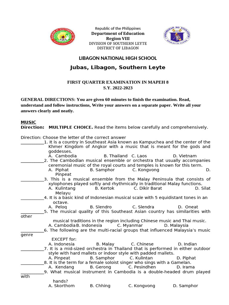 First Quarter Exam MAPEH8 | PDF | Khmer People | Southeast Asia