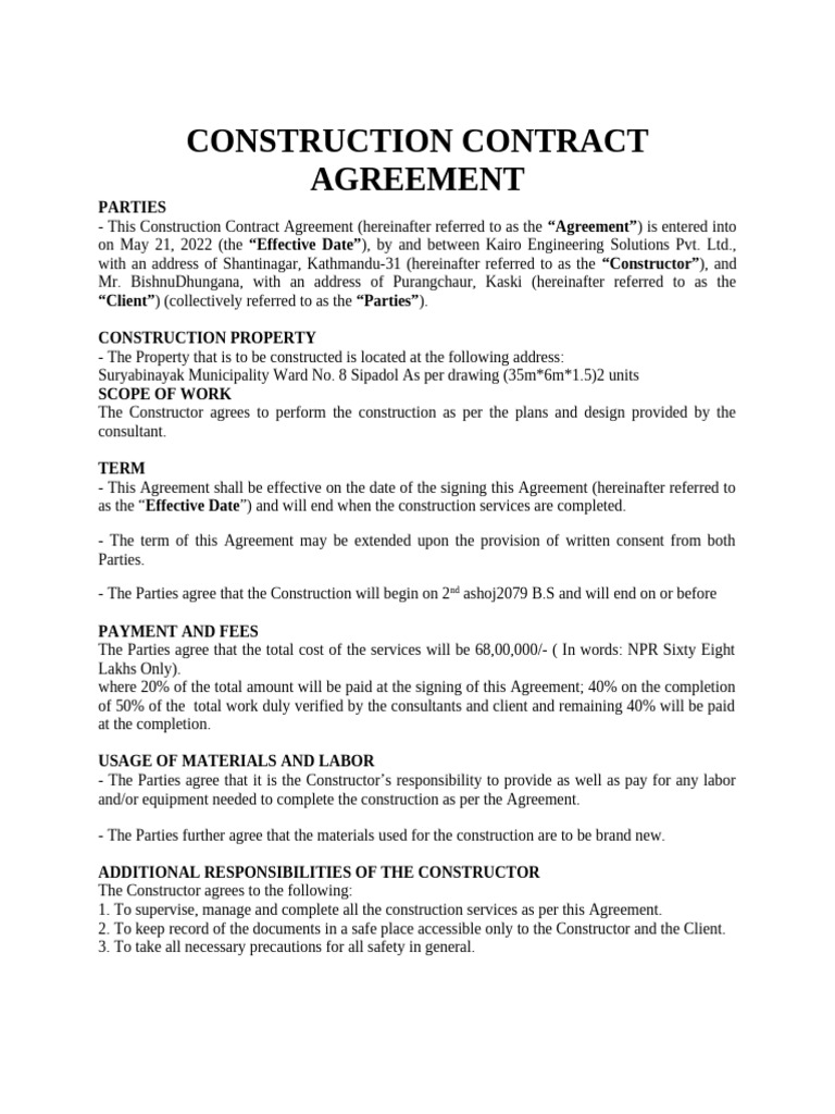 Construction Contract Agreement | PDF
