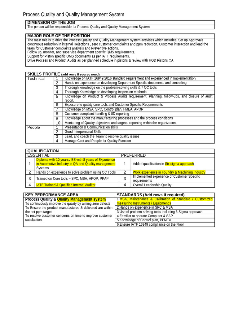 JD For Process Quality | PDF