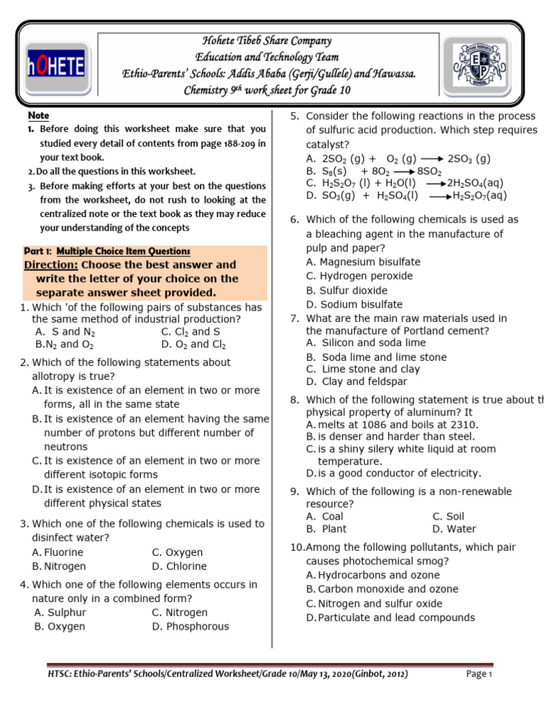 Chemistry Grade 10 Worksheet 5 | PDF | Iron | Metals