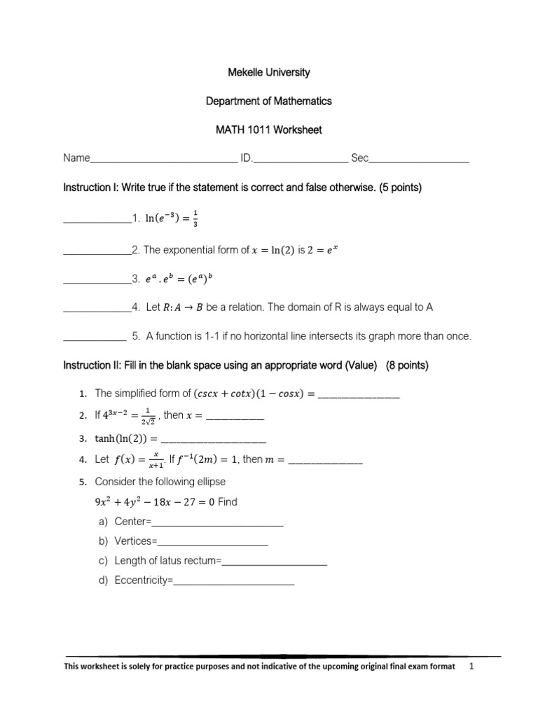 Math 1011 Worksheet | PDF | Mathematical Concepts | Analytic Geometry