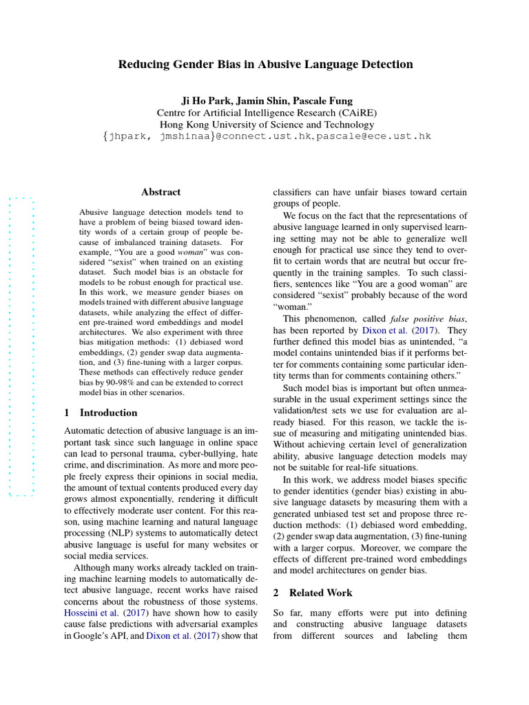 Reducing Gender Bias in Abusive Language Detection | PDF