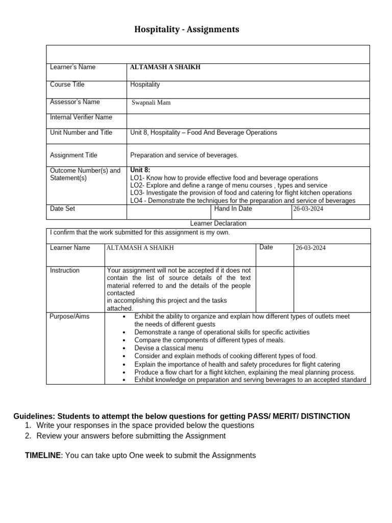 Hospitality-2 Written Assignment (Altamash) | PDF | Alcoholic Beverages | Coffeehouse