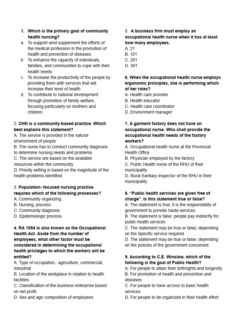 CHN TEST QUESTIONS 1 - To Be Printed | PDF | Infant Mortality | Nursing
