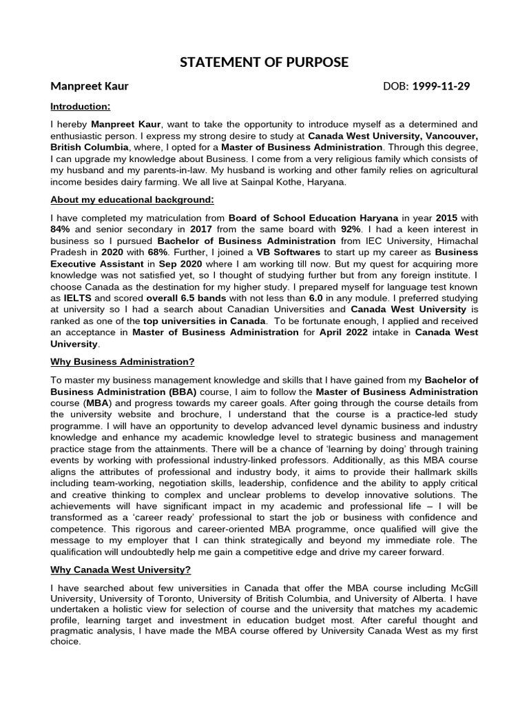 Manpreet Kaur SOP | PDF
