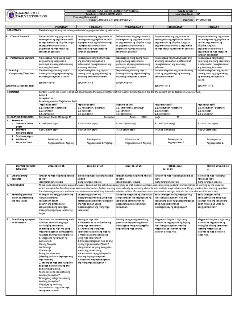 DLL - Esp 2 - Q1 - W2 | PDF