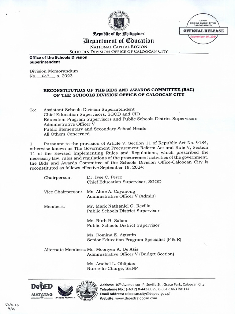 DM No. 613, S. 2024 - Reconstitution of The Bids and Awards Committee ...