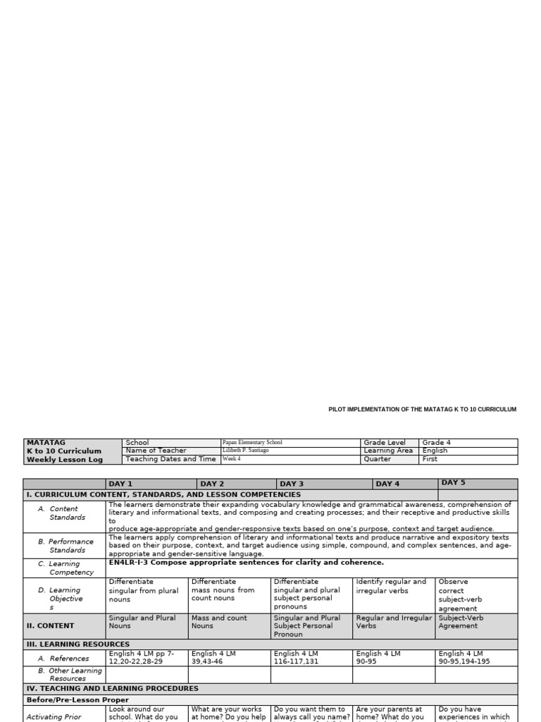 LE English4 Q1 Week4 v.2 BLR PD | PDF | Grammatical Number | Wellness