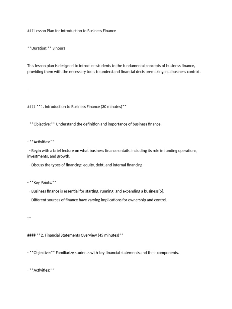 Lesson Plan For Introduction To Business Finance | PDF | Balance Sheet ...