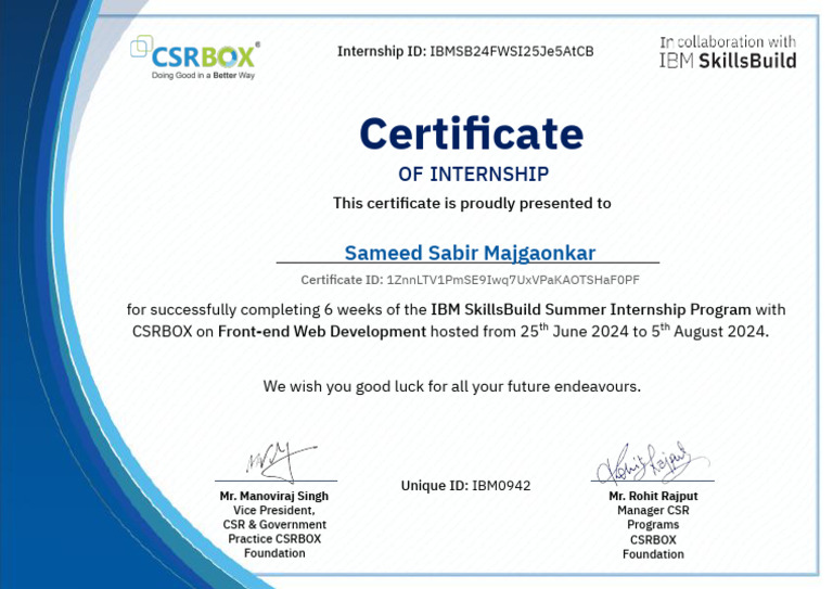 IBM SkillsBuild Front End Web Development Summer Internship Certificate | PDF