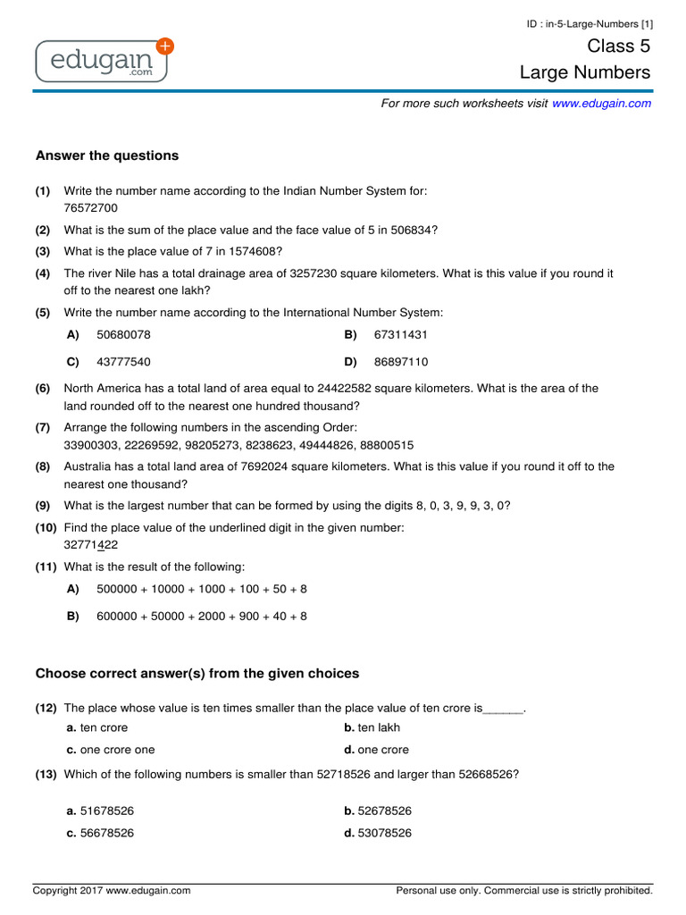Grade 5 Large Numbers in | PDF
