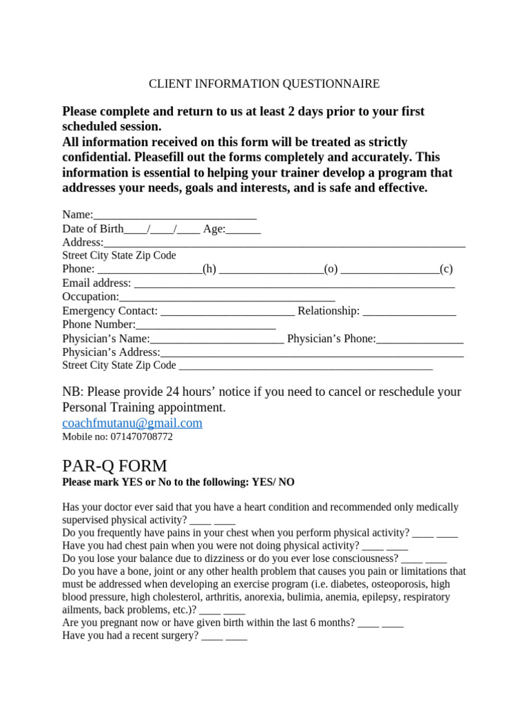Client Information Questionnaire | PDF | Physical Fitness | Career & Growth