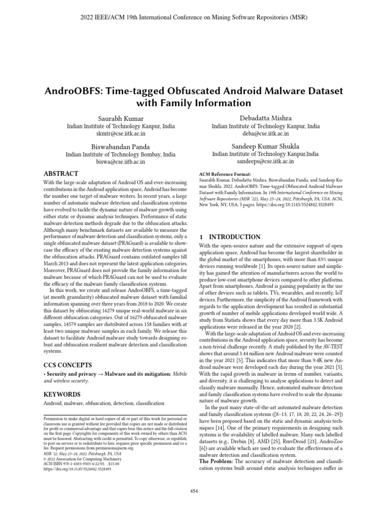 AndroOBFS Time-Tagged Obfuscated Android Malware Dataset With Family Information | PDF