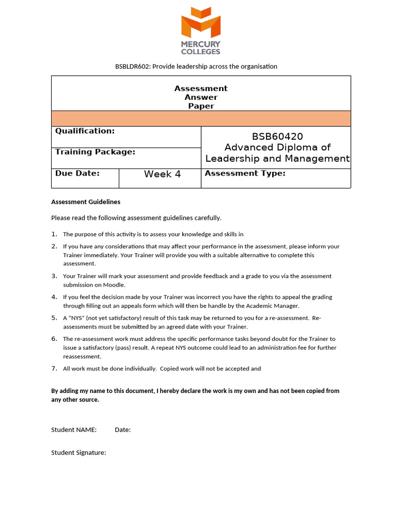 BSBLDR602(AD20) Assessment Task Answer_Paper and Question_Paper-Allan | PDF