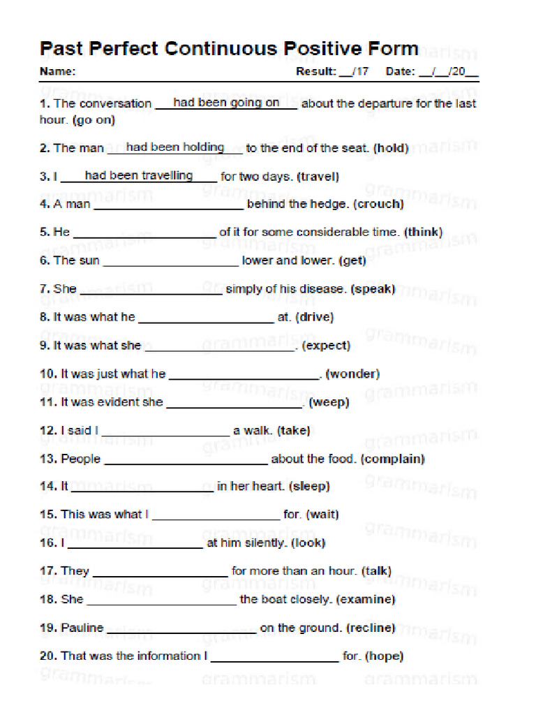Past Perfect Continuous Worksheet | PDF