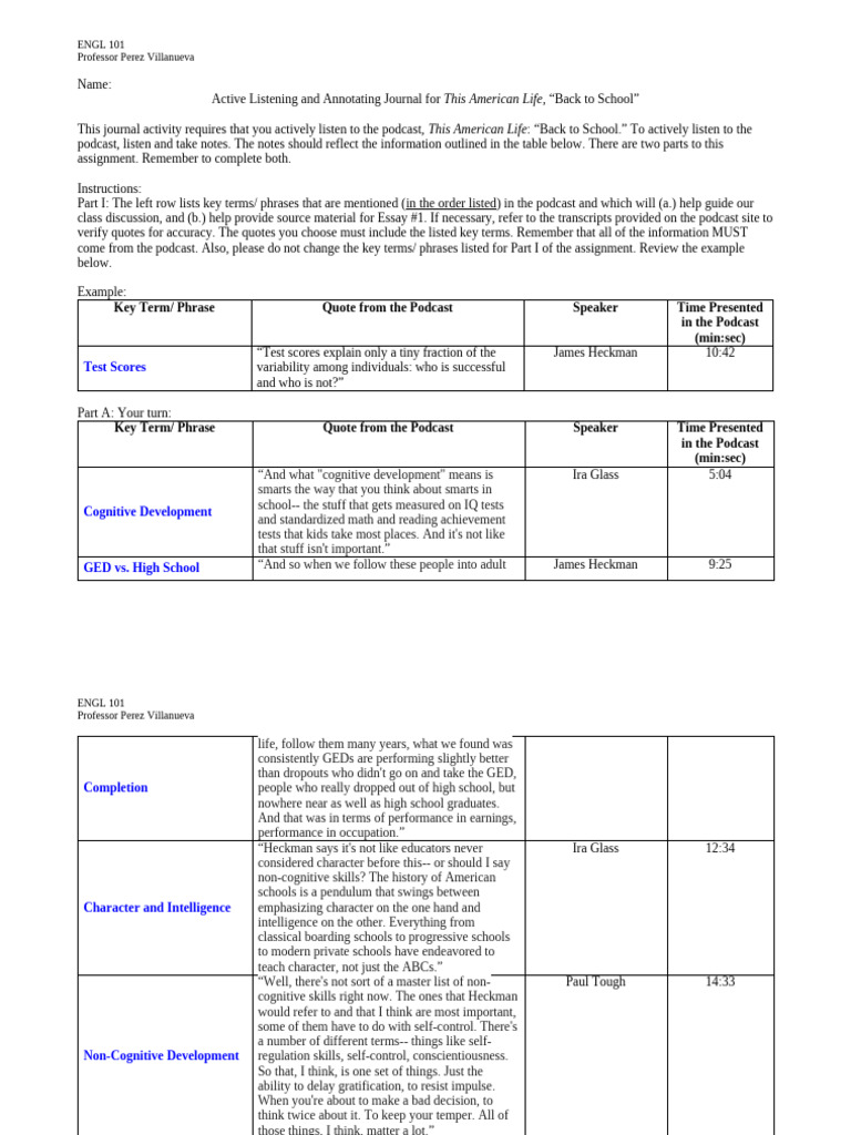 Active Listening and Annotating Journal for This American Life, “Back ...