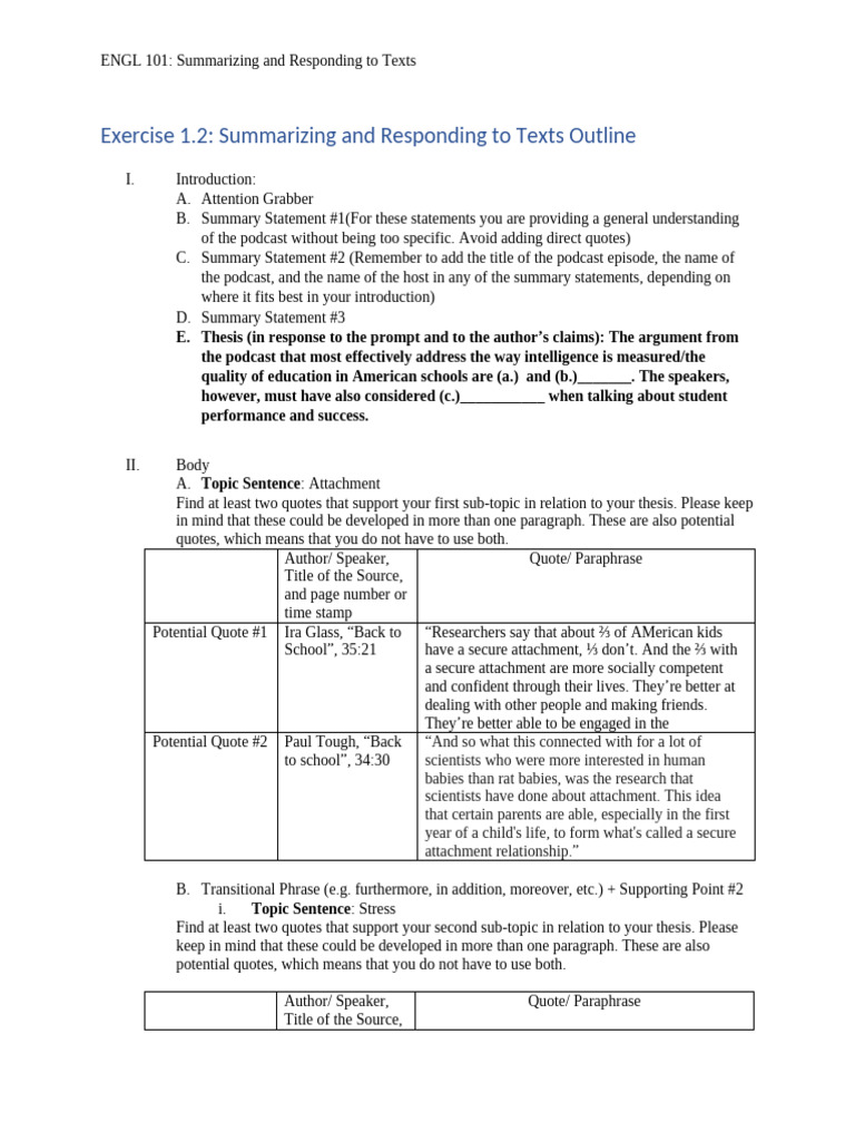Exercise 1.2 - Summarizing and Responding To Texts Outline-2 | PDF