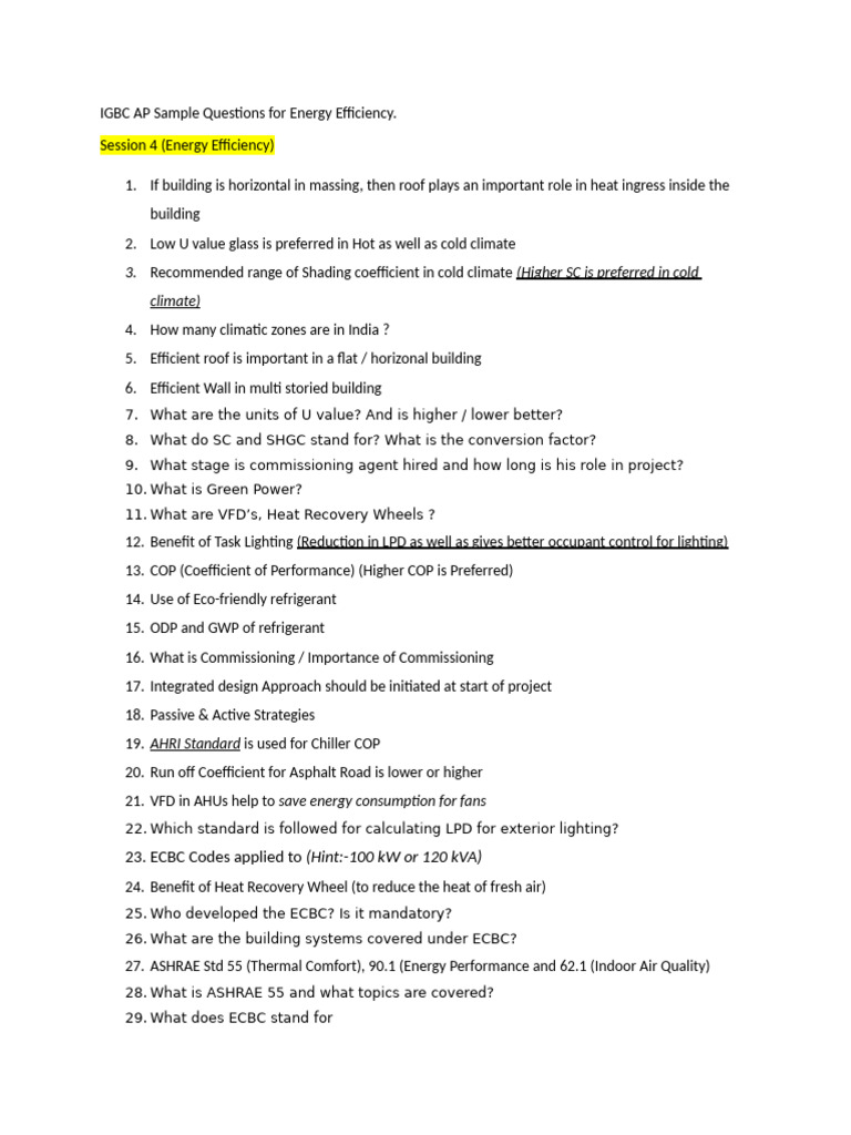 IGBC AP Sample Questions For Energy Efficiency | PDF