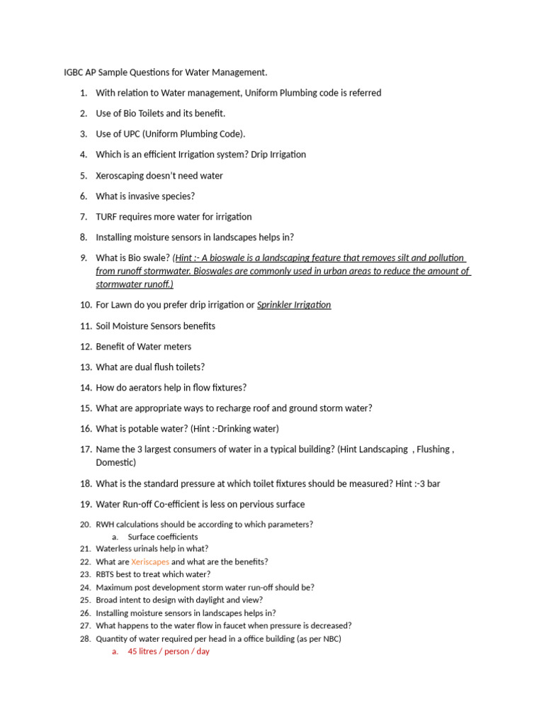 IGBC AP Sample Questions for Water Management | PDF