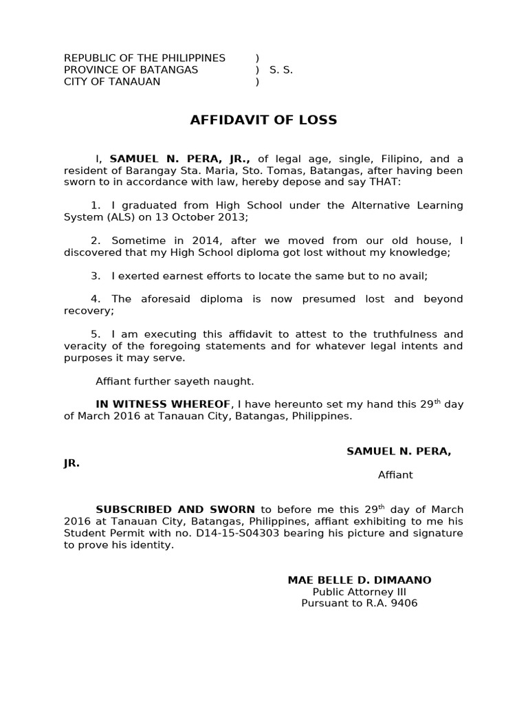 Affidavit of Loss Diploma | PDF