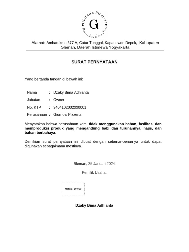 Surat Pernyataan Bebas Babi | PDF