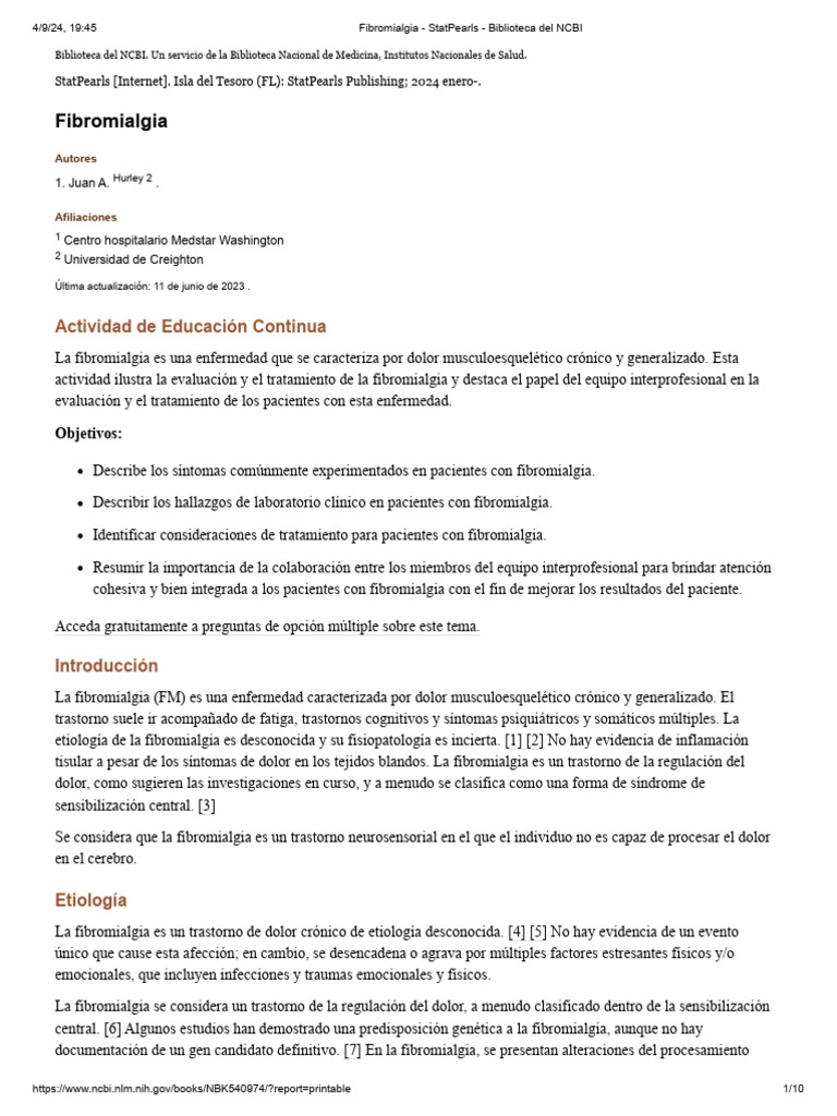 Fibromialgia - StatPearls - Biblioteca Del NCBI | PDF