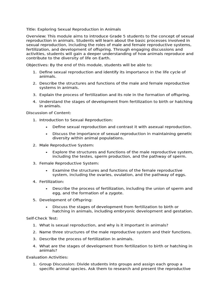Sample Module For Grade 5 Learners About Sexual Reproduction in Animals ...