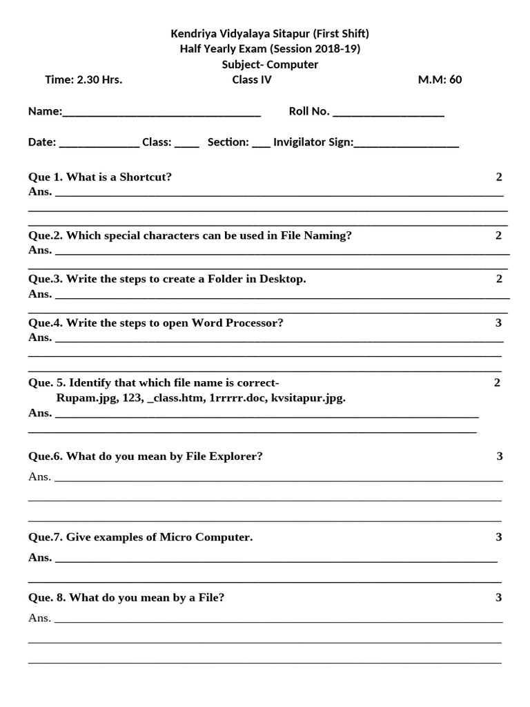 Class IV Computer Half Yearly 2018 19 | PDF
