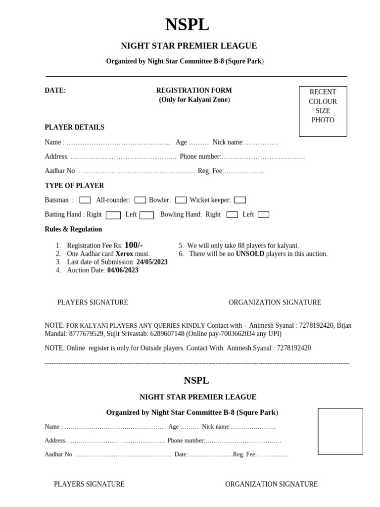 NSPL Player Registration From-1 | PDF
