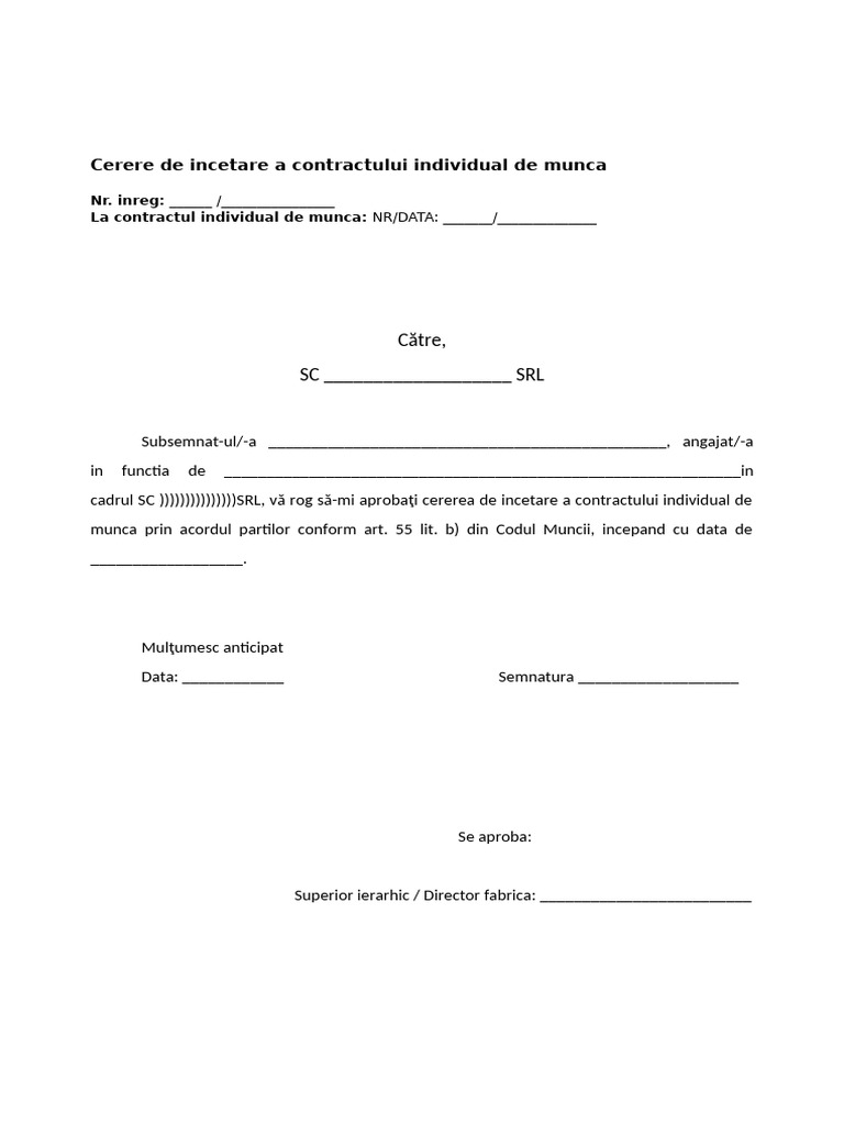 Cerere Incetare CIM 2024 - Acordul Partilor Model | PDF