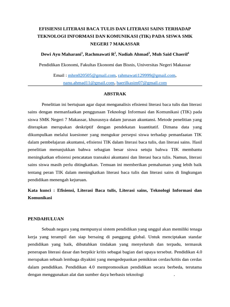 Efisiensi Literasi Baca Tulis Dan Literasi Sains Terhadap TIK Pada ...