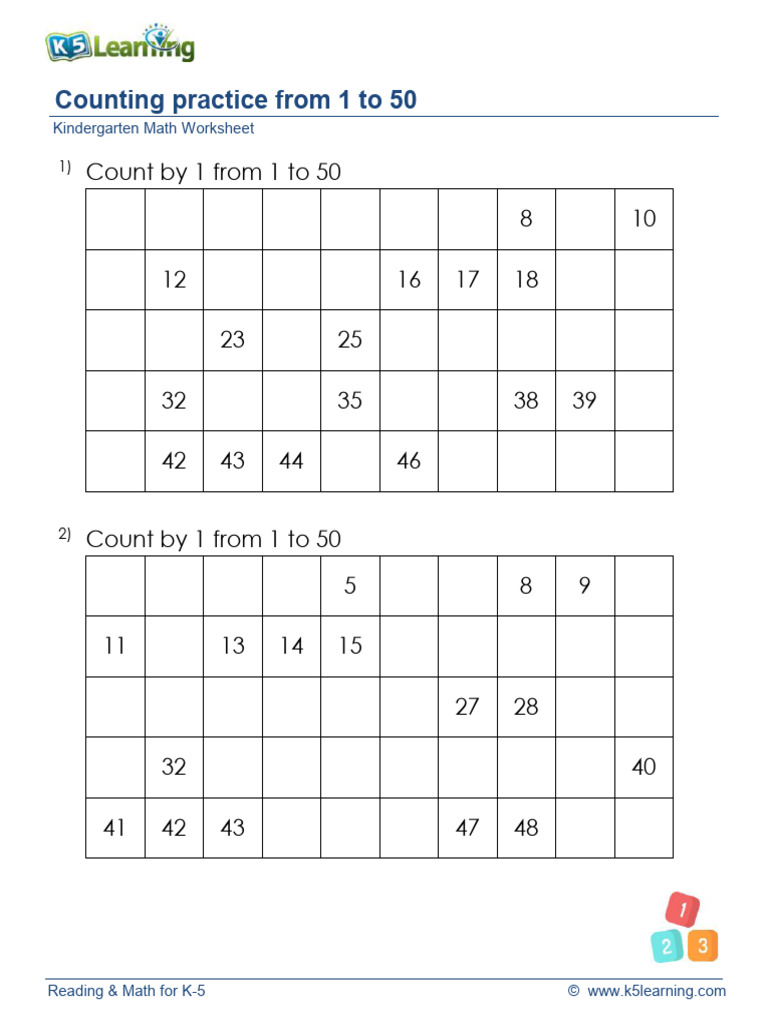 Kindergarten Counting Missing Number Sequence 1 50 B | PDF