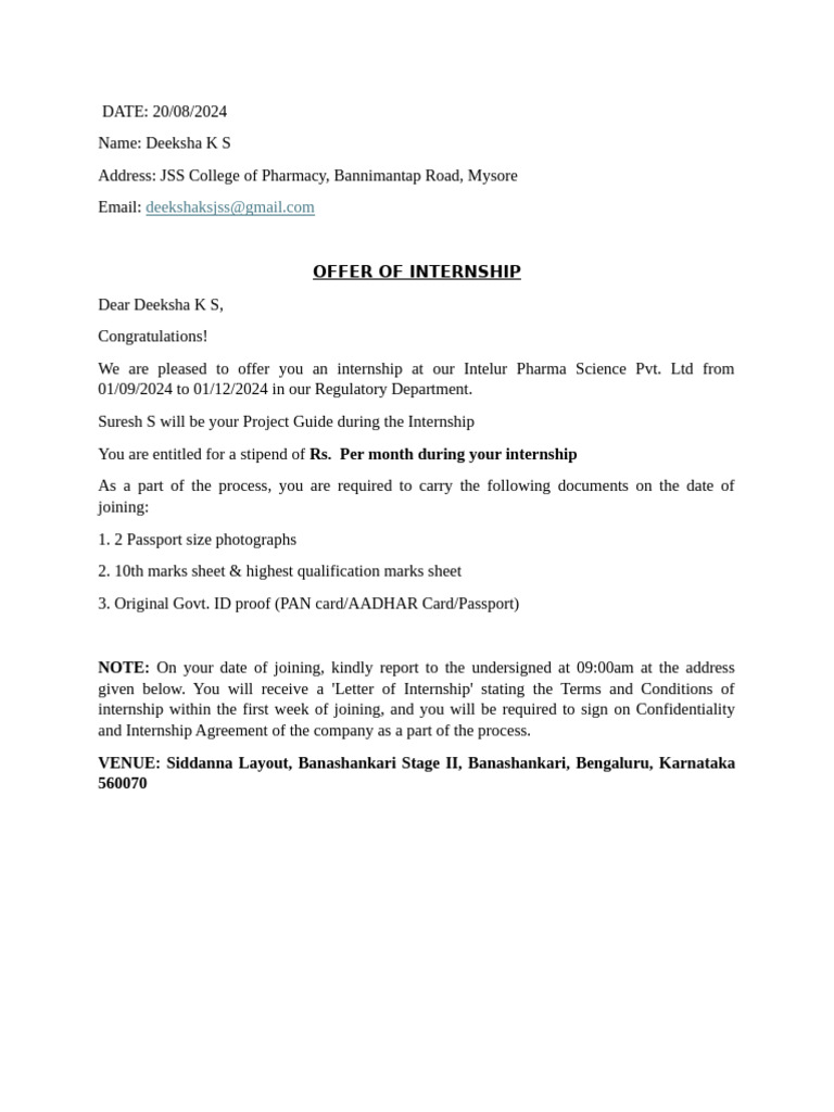 Internship Letter | PDF | Career & Growth